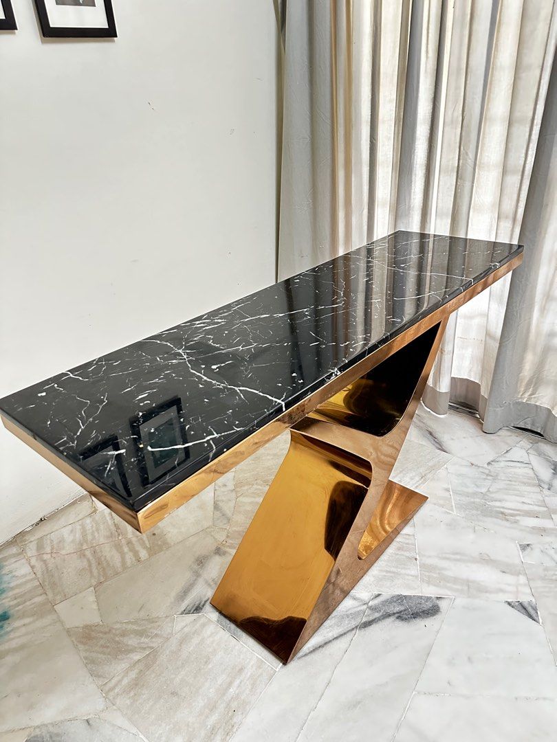 LORENTZ Y+ Rose Gold Stainless Steel Faux Black Marble Console Tabl ...