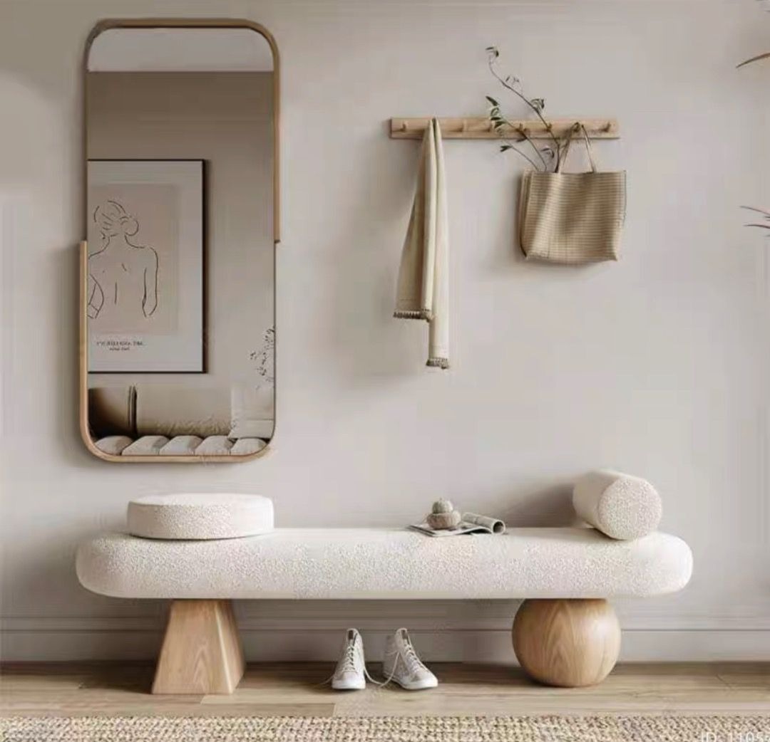PLOLE Modern Boucle Wood Bench, Furniture & Home Living, Furniture ...