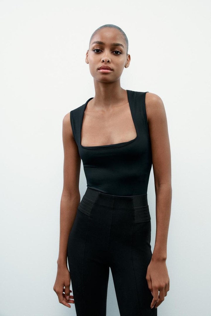 PREORDER ZARA Polyamide Square Neck Black Top, Women's Fashion, Tops ...