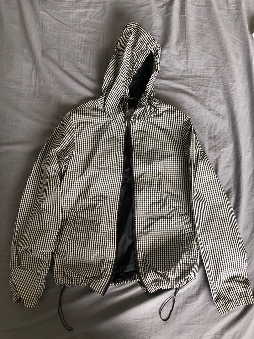 Yishion Black and White Checkered Windbreaker Parka Rain Jacket With Hood, Women's Fashion ...