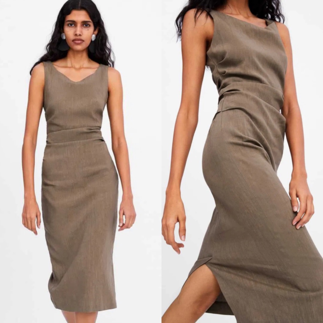 Zara Gathered Detail Zip Back Midi Dress, Women's Fashion, Dresses ...