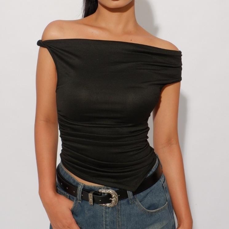 BLACK BSCO HEIDI TOP ASYMMETRICAL OFF SHOULDER TWISTED COTTON TOP ...