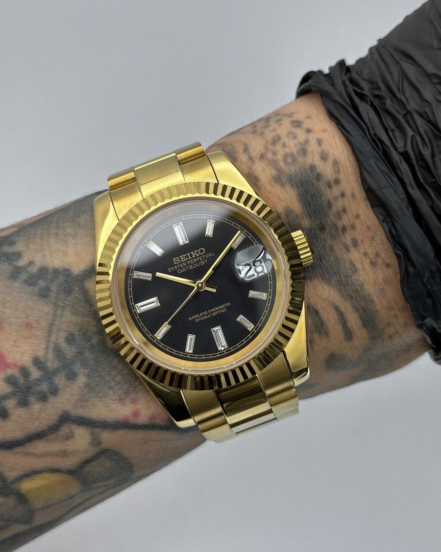 Custom Seiko Mod 39mm Big Diamond Black Gold Datejust Automatic Watch ...