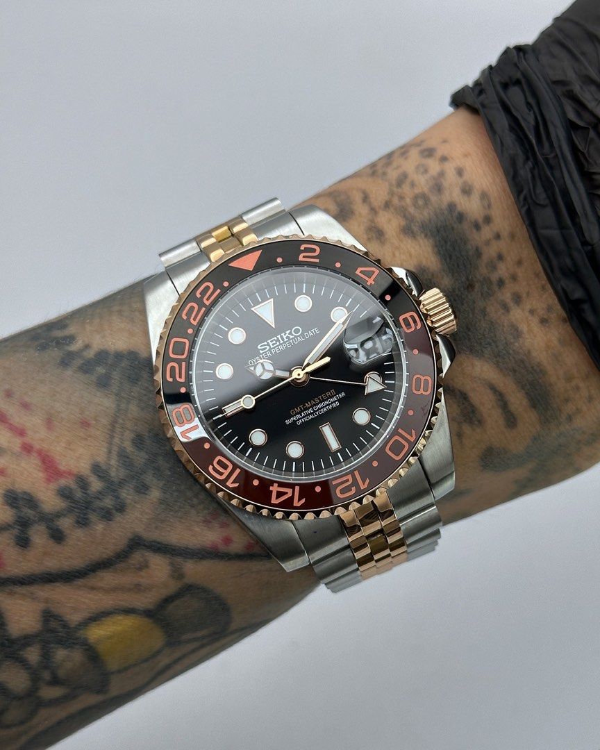 Custom Seiko Mod 40mm Rose Gold Steel Automatic GMT Master 2 Watch, Men ...