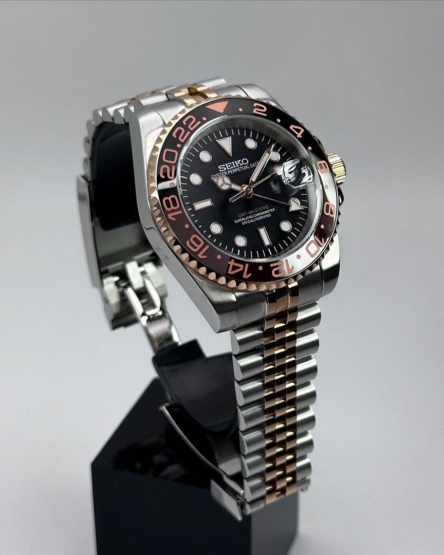 Custom Seiko Mod 40mm Rose Gold Steel Automatic GMT Master 2 Watch, Men ...