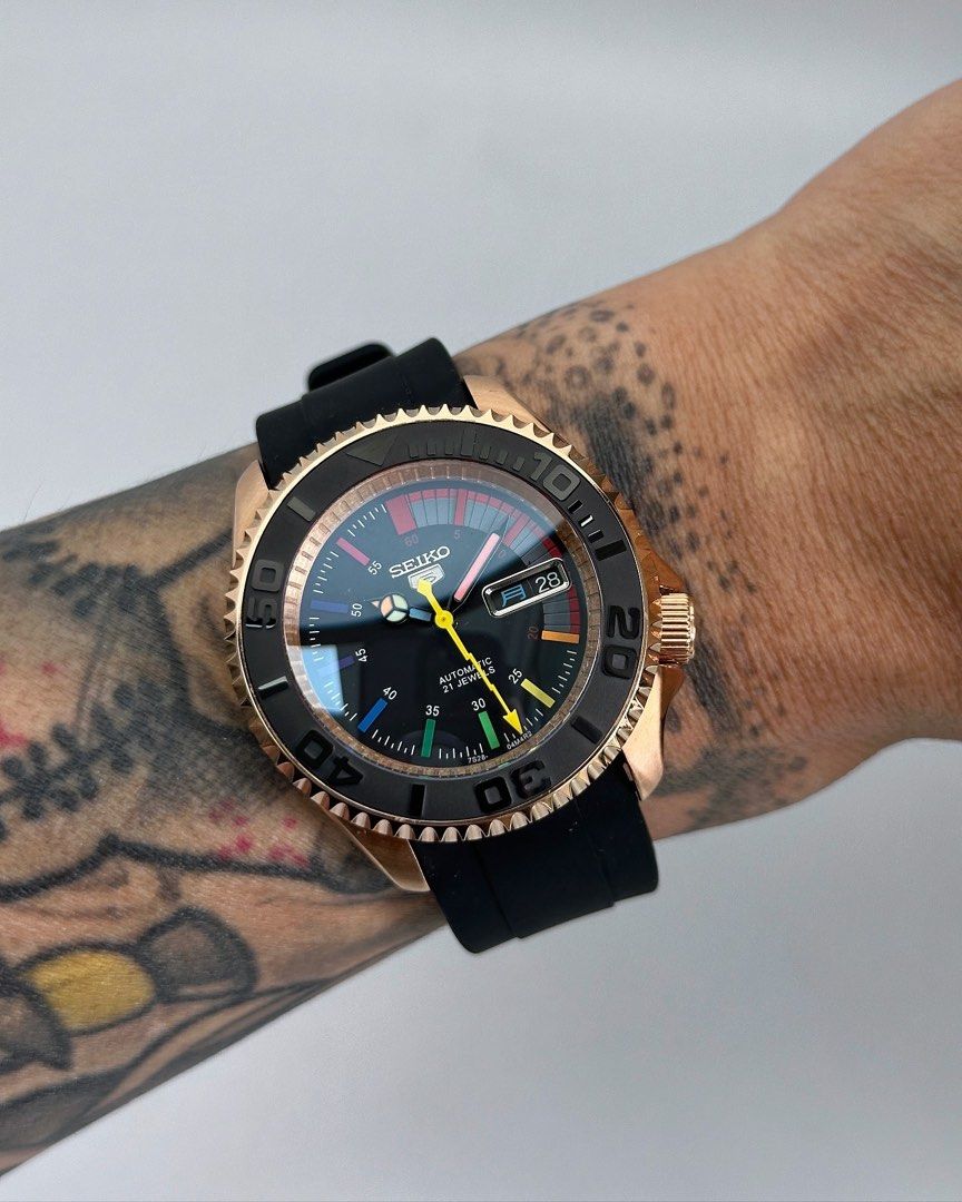 Custom Seiko Mod 42mm Black Rainbow Rose Gold SKX Automatic Watch, Men ...