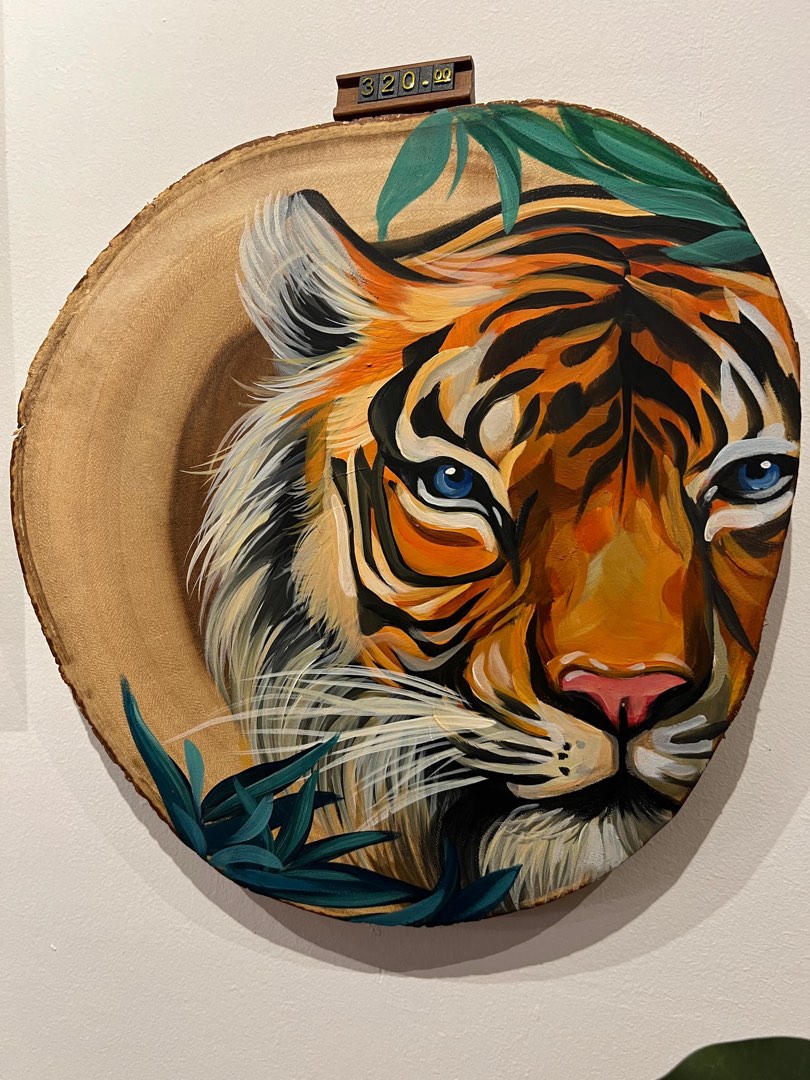 Hand painted tiger painting on raintree wood, Furniture & Home Living ...