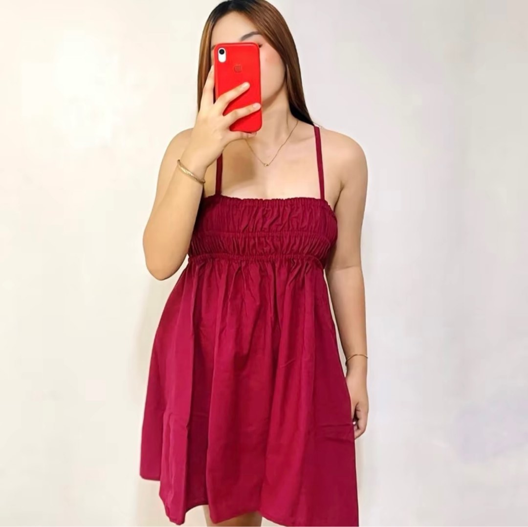 SIMPLE MINI DRESS sleveless cotton linen fabric | one-size (Red/ Green ...