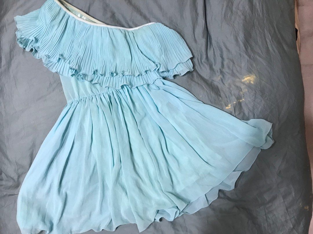 Sky blue off shoulder one side mini dress with frills, Women's Fashion ...