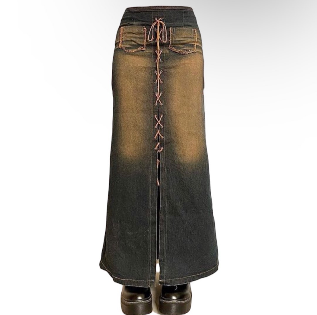 y2k acubi vintage mud washed maxi denim skirt, Women's Fashion, Bottoms ...