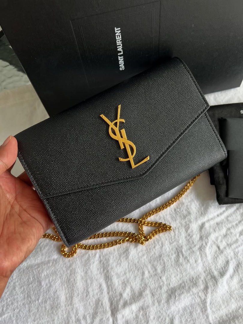 YSL UPTOWN CHAIN WALLET IN GRAIN DE POUDRE EMBOSSED LEATHER, Luxury ...