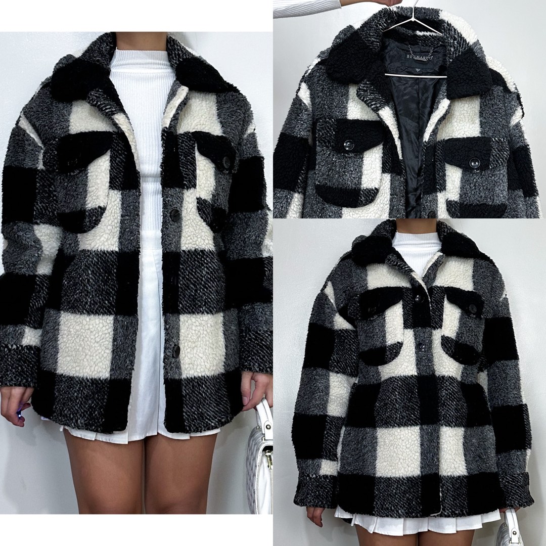 Black & white checkered fleece teddy jacket, Women's Fashion, Coats ...