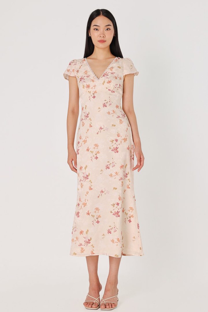 LOVET Mica Floral Lace Trim Satin Cap Sleeve Maxi Dress, Women's ...