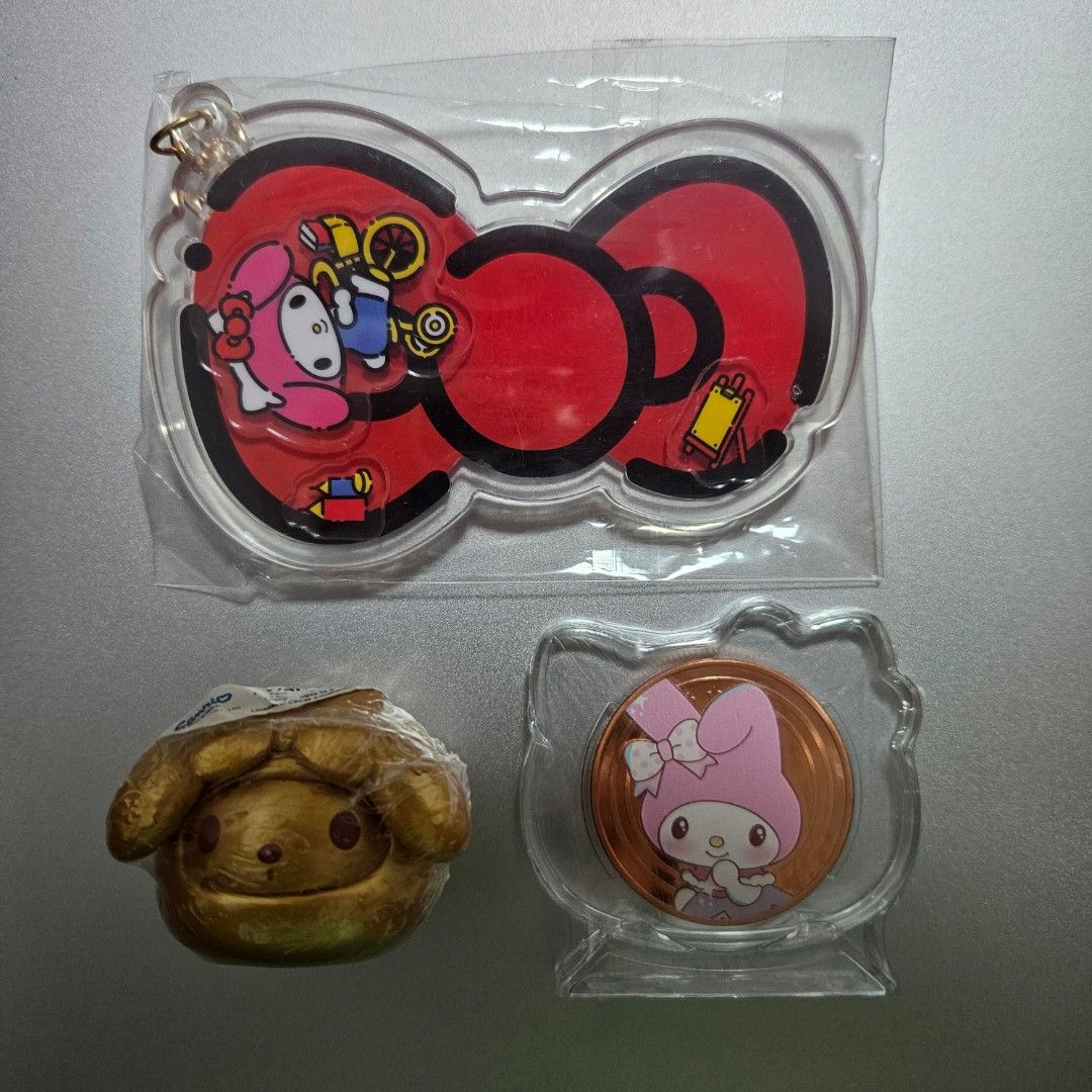 (3 for $20) CPCM Sanrio My Melody Bundle - Medallion Medal Coin + Key Chain + Gold mini daruma ...