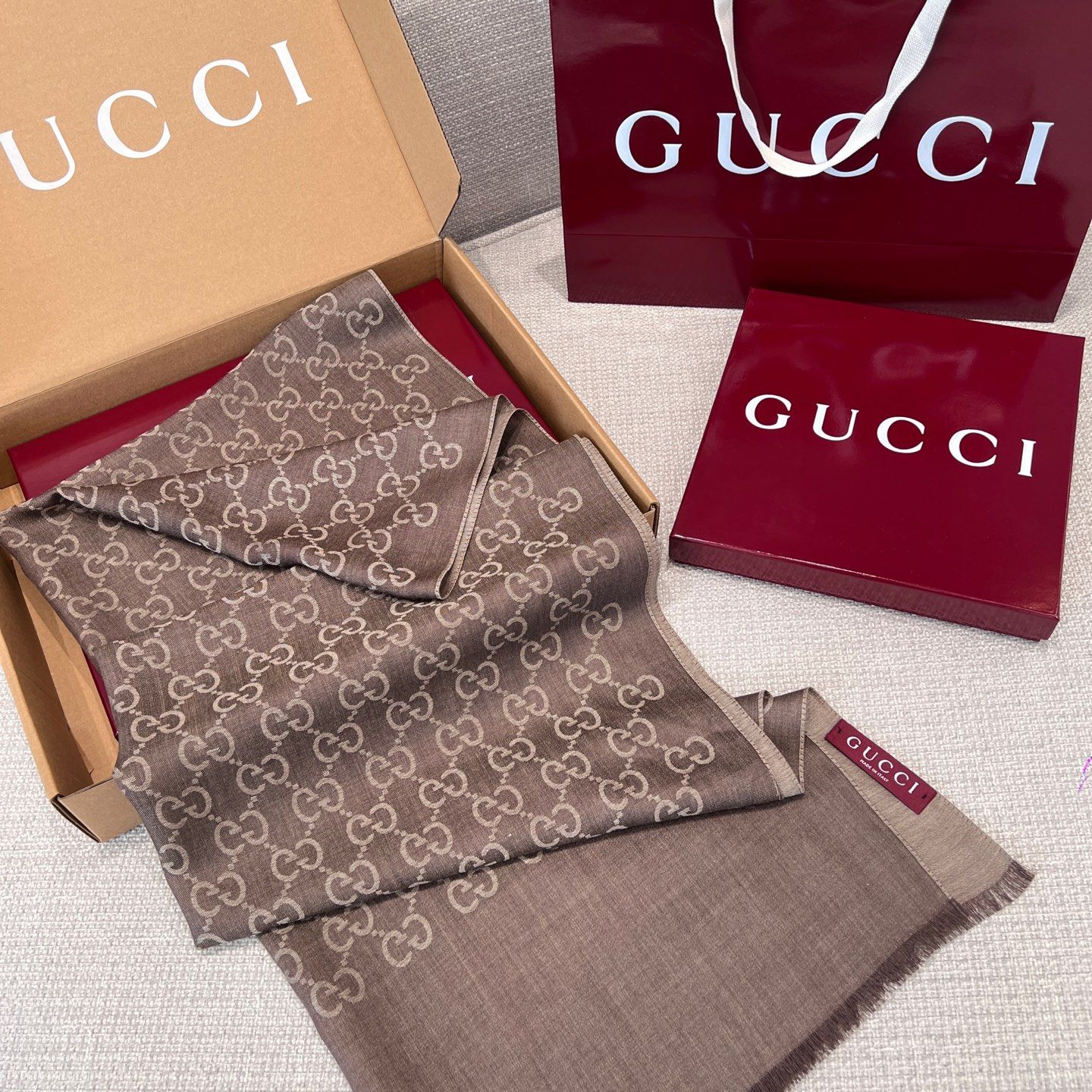 Authentic 𝐆𝐮𝐜𝐜𝐢 long scarf maillard color, Luxury, Accessories on Carousell