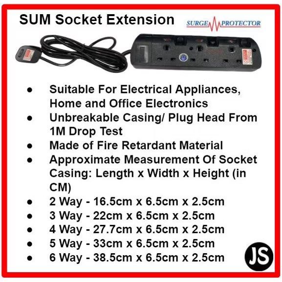 6 WAY BLACK EXTENSION SOCKET with Surge Protection & SG Safety Mark, TV ...