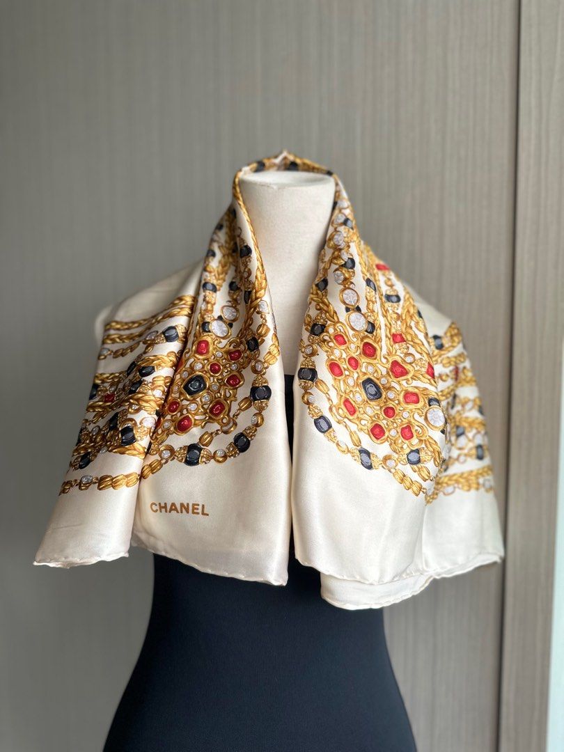 🎁Chanel RARE Gripoix Jewel 100% Silk Scarf 90 x 90 cm, Luxury, Apparel on Carousell