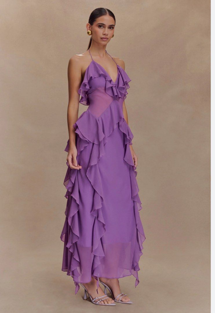 Meshki Aleyna Chiffon Ruffle Midi Dress - Purple, Women's Fashion ...