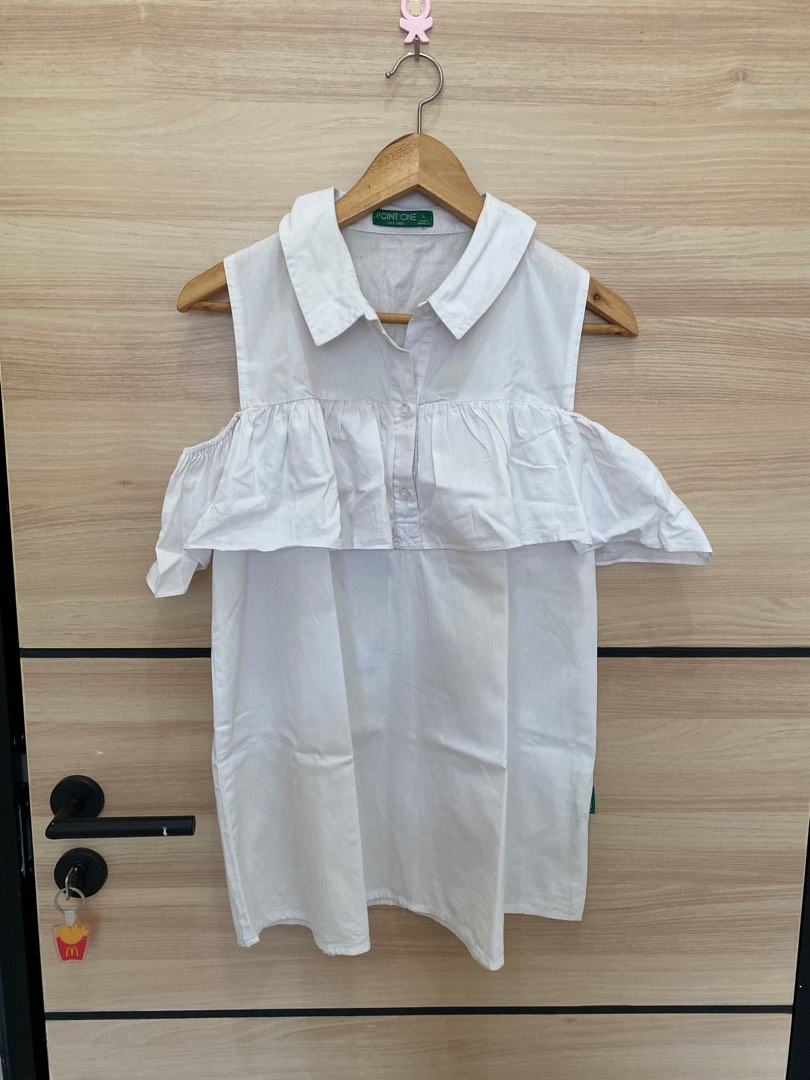 White Collar Top / kemeja putih cut off shoulder, Fesyen Wanita ...