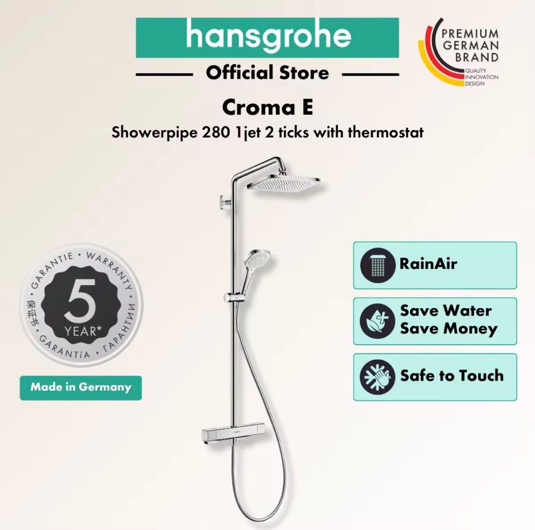 Hansgrohe Croma E 280 Showerpipe with Thermostat, Furniture & Home ...