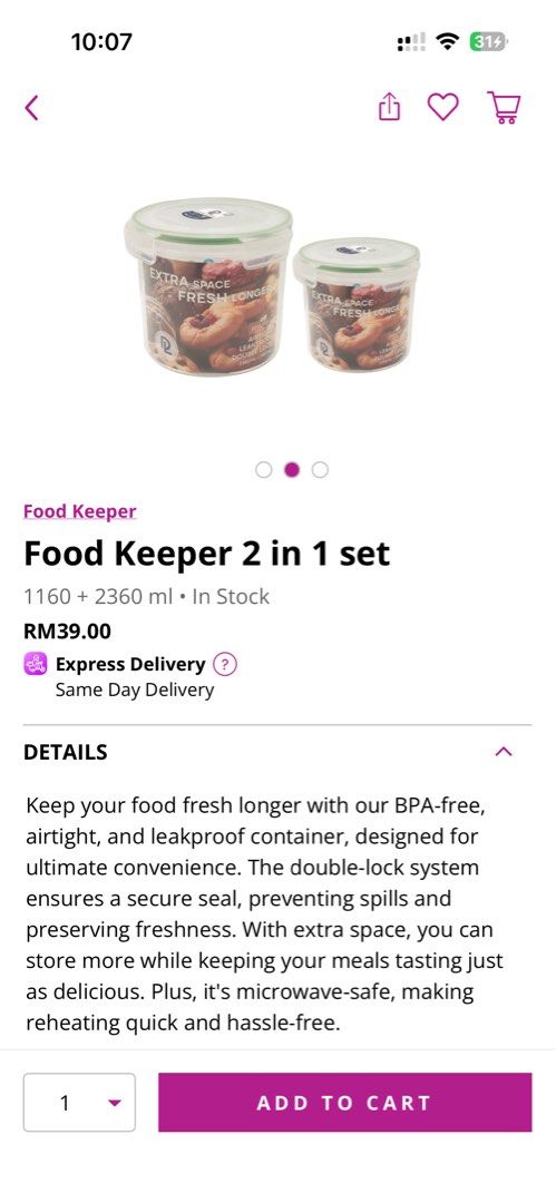 Food Keeper 1160+2360ml 2 in 1 Set, Furniture & Home Living ...