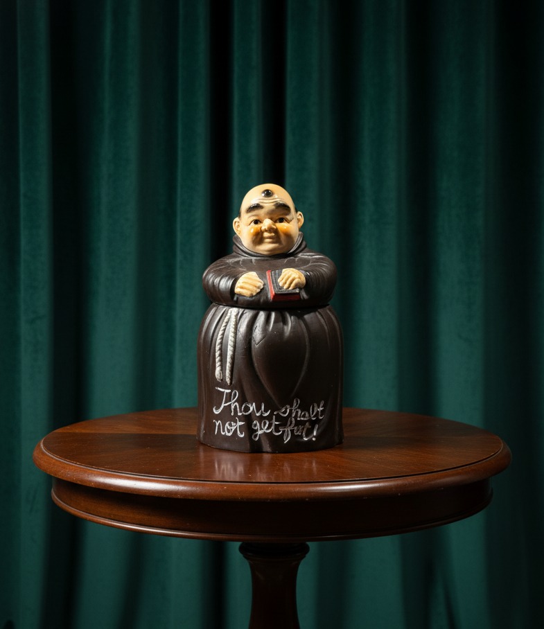 VINTAGE PAINTED CERAMIC FRIAR TUCK MONK COOKIE JAR THOU SHALT NOT GET ...