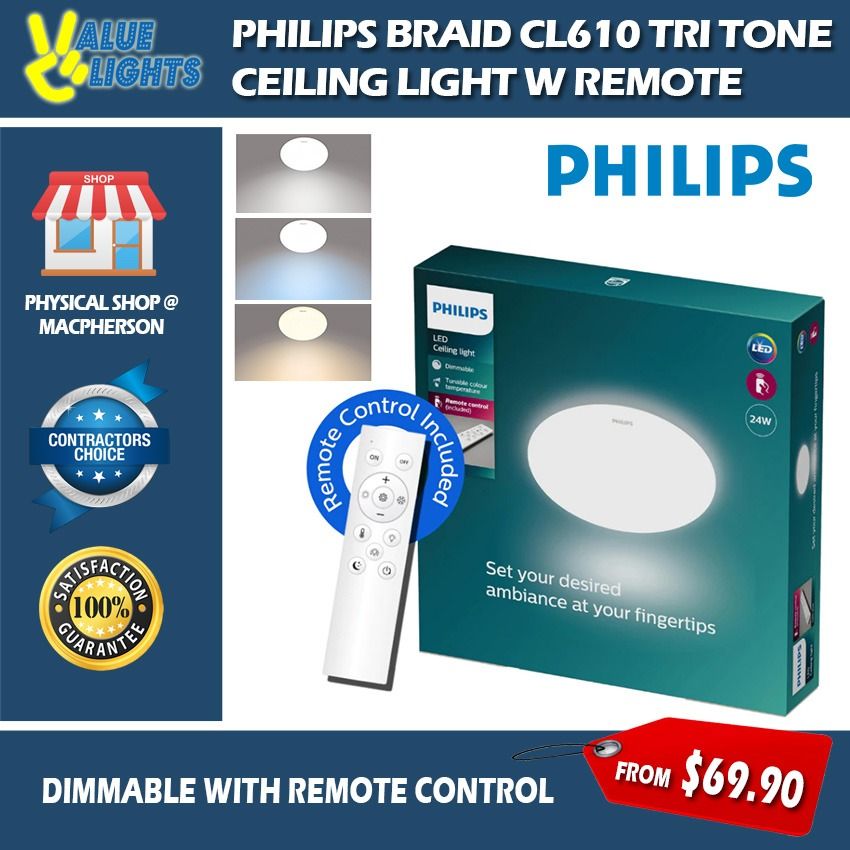 PHILIPS Braid CL610 Tri-Tone Dimmable LED Ceiling Light with Remote ...