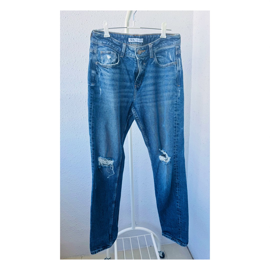 Zara Blue low-rise ripped jeans LC:Cebu, Women's Fashion, Bottoms ...