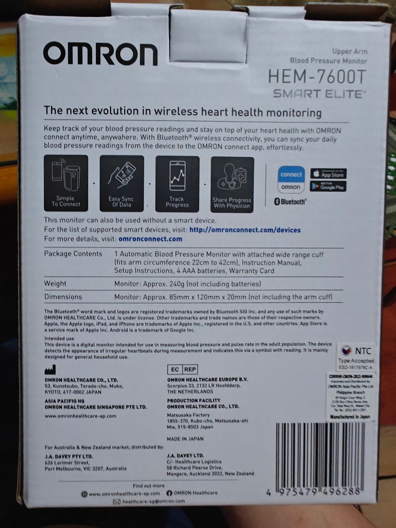 Omron HEM-7600T Smart Elite Blood Pressure Monitor, Health & Nutrition ...