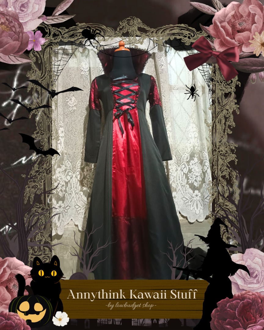 Red Vampire Dress Costume Vampir Kostum Cosplay Hantu Halloween, Fesyen ...