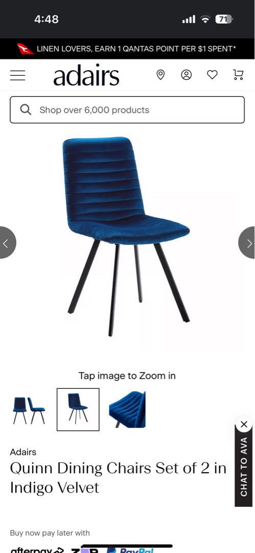 Selsey/Adairs indigo velvet dining chairs- set of 2, Furniture & Home ...