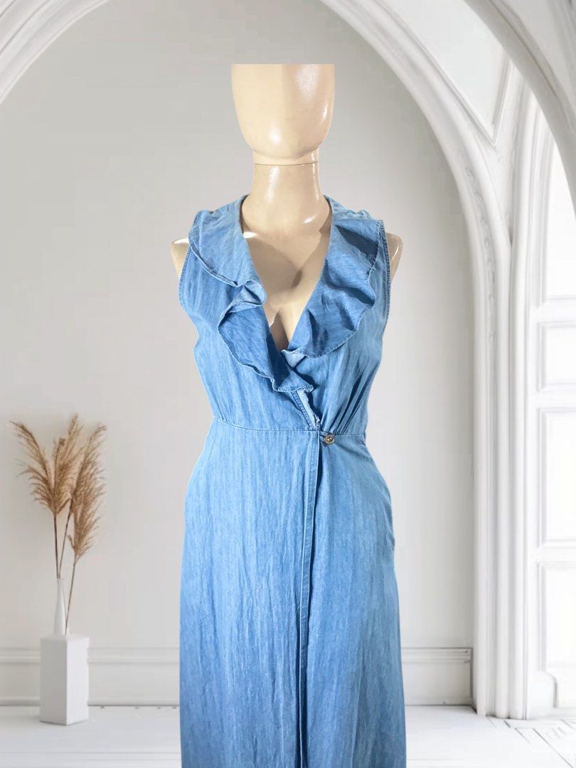 🌸 Beautiful Ruffles Overlap Soft Denim Maxi Dress 🌸, Women's Fashion ...