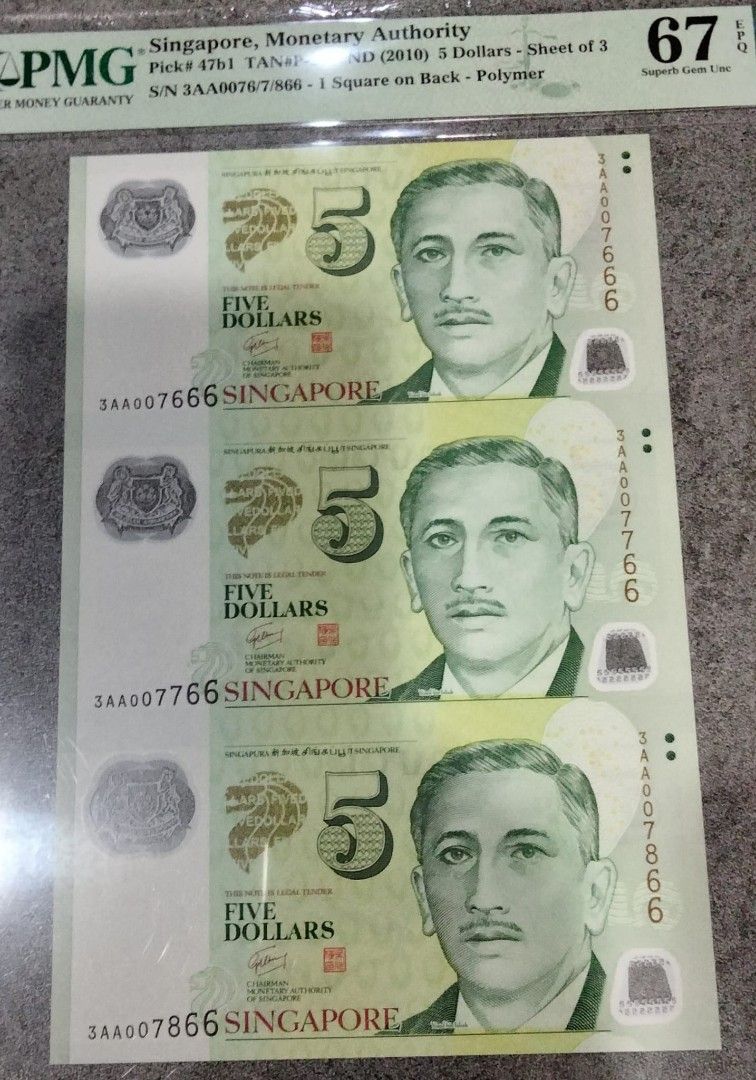 2010 Singapore 5 Dollar Banknote Uncut Sheet of 3 (2010), Hobbies & Toys, Memorabilia ...