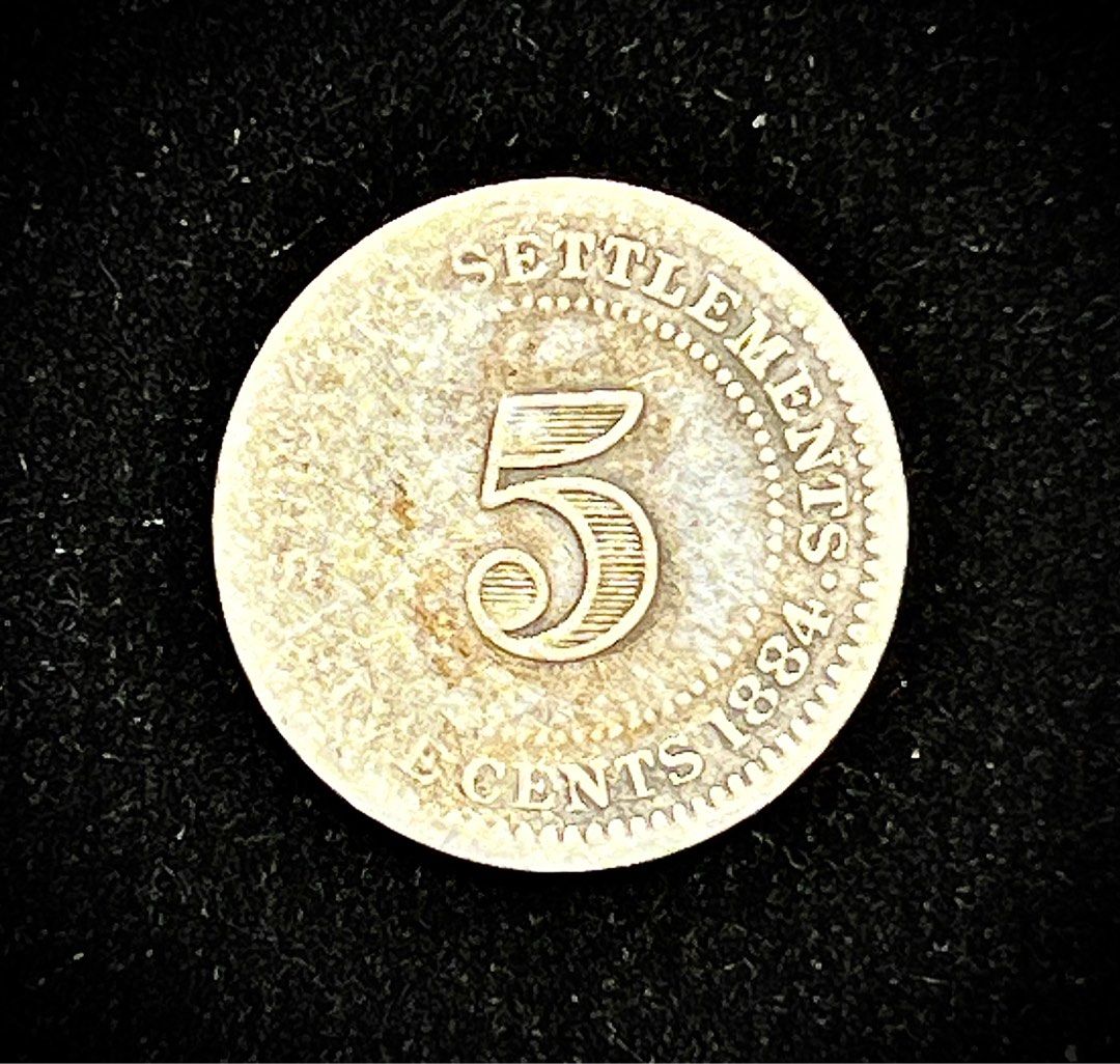 1884 Olden British Straits Settlements Queen Victoria FIVE 5-Cents Silver Circulating-used ...