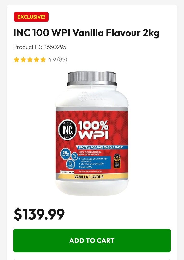 INC 100 WHEY PROTEIN ISOLATE Vanilla Flavour 2kg Protein Powder, Health ...