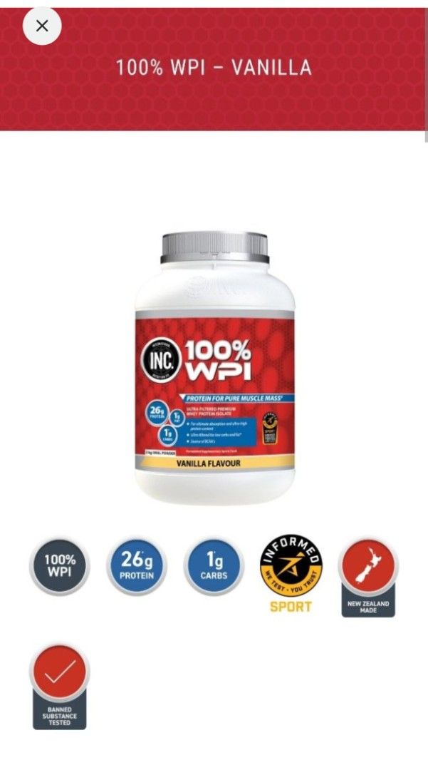 INC 100 WHEY PROTEIN ISOLATE Vanilla Flavour 2kg Protein Powder, Health ...