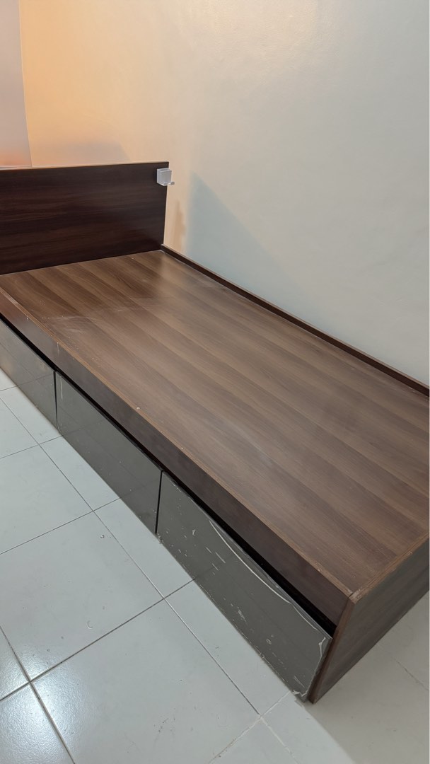 Mandaue Kaitlyn Series (Walnut Brown) Single Bed Frame with Pull Out ...