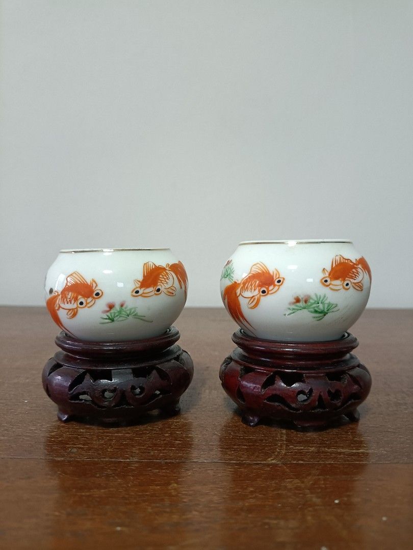70s Chinese Porcelain Bird Cup Hand Painted A Pair Of Gold Fish For ...