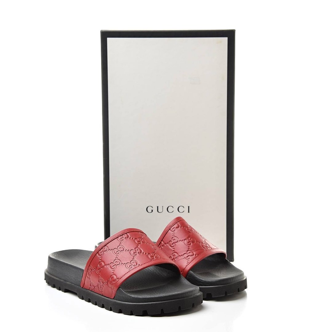 GUCCI Guccissima Signature Lug Sole Slide Sandals – Hibiscus Red ️ ...