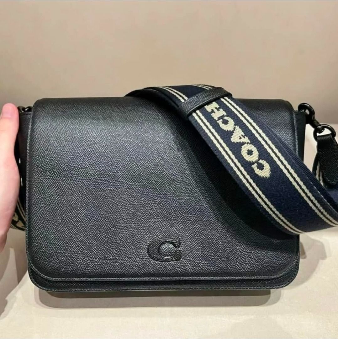 Coach CJ843 Messenger Bag in Black Crossgrain Leather with Signature Coated Canvas & Webbing ...