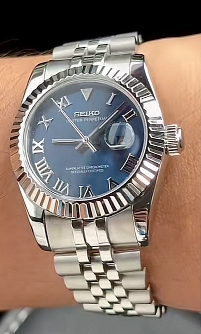 Seiko mod blue Roman datejust custom watch, Men's Fashion, Watches ...