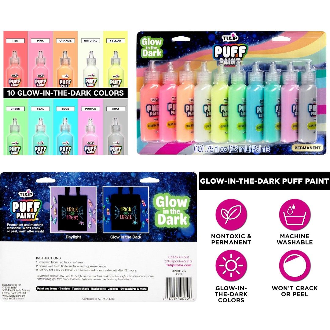 Tulip Puff Paint Glow in the Dark Colors 10-pack, Multi-Surface ...