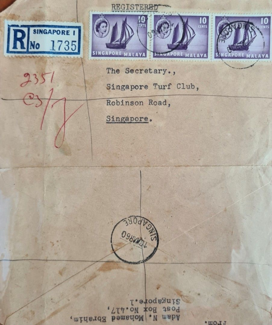 1960 Singapore REGISTERED Letter affixed QEII Definitive 10 CENTS x3 ...