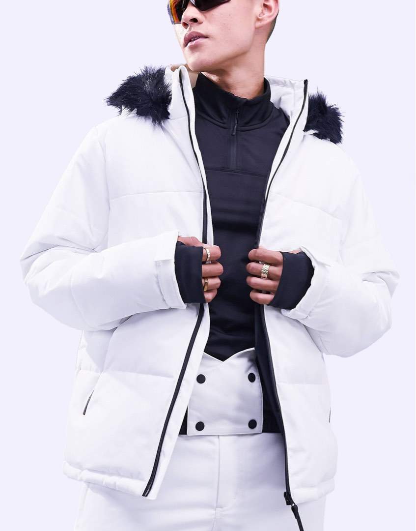 ASOS 4505 Men Padded Ski Snowboard Jacket with Faux Fur Trim Hood White ...
