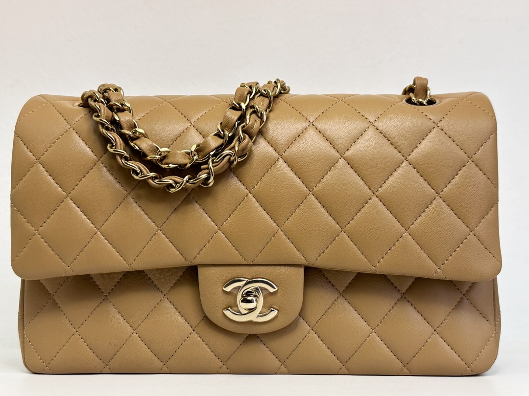 Chanel 22B Lambskin Classic Quilted Double Flap Medium LGHW Dark beige ...