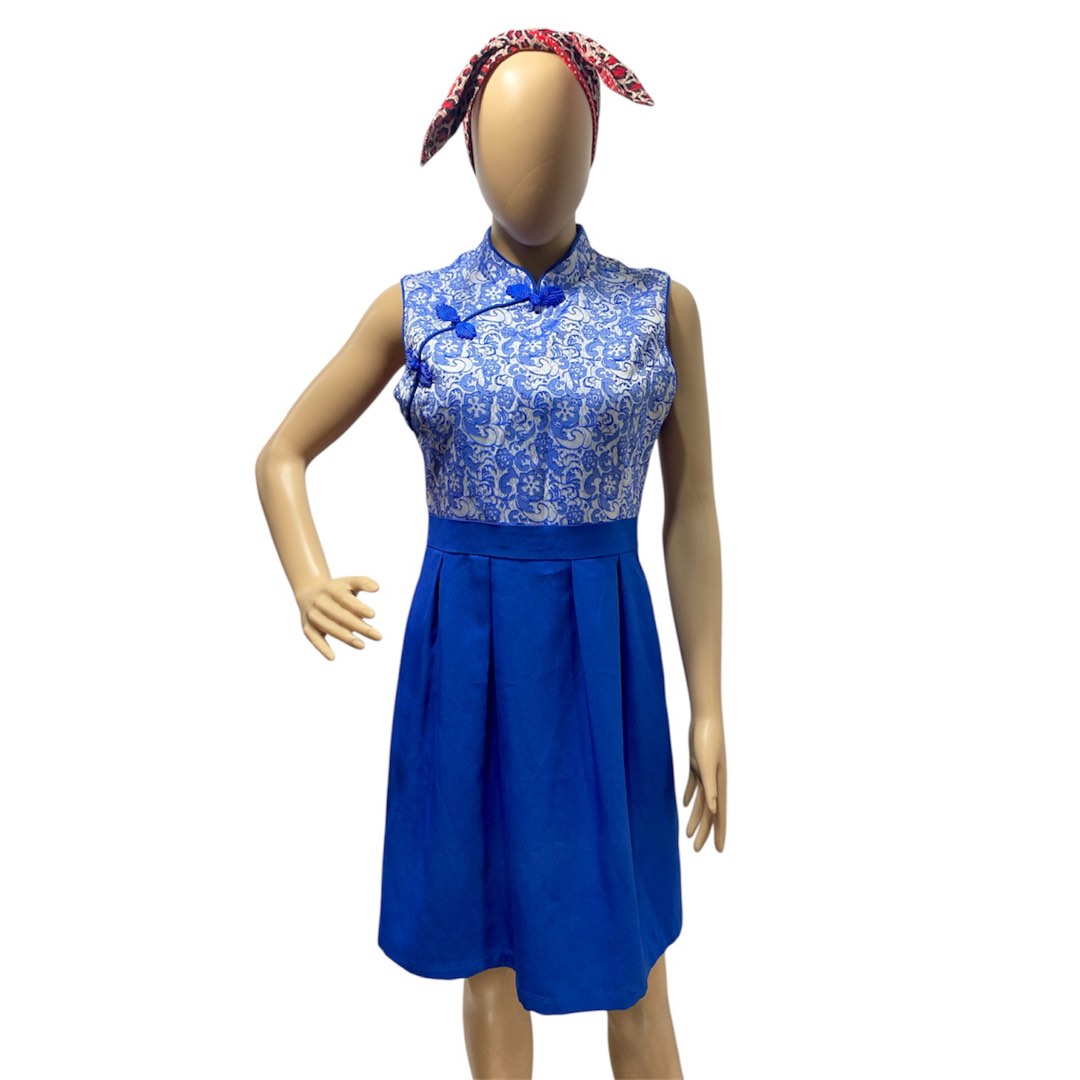 Flare dress midi cheongsam biru bordir premium biru m besar, Fesyen ...