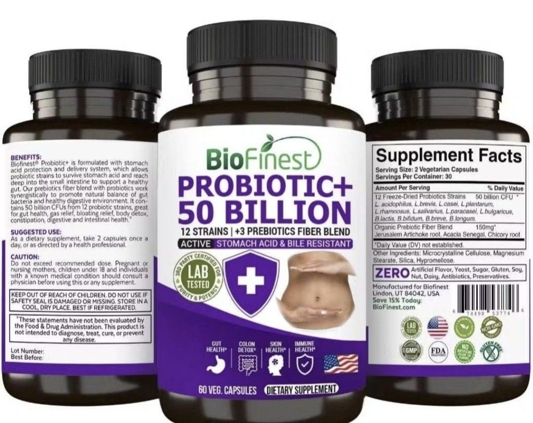Biofinest Probiotic 50 Billion CFU Enzyme Supplement 12 Strains Type ...