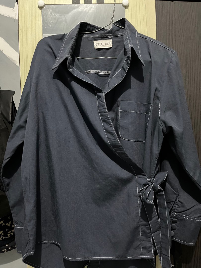 blouse navy gracias kimono lace tali atasan biru dongker, Fesyen Wanita ...