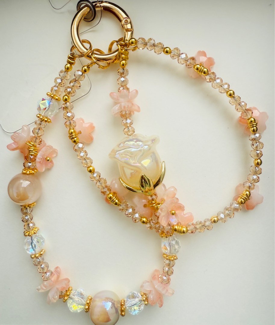 Champagne Round & Flower Bead with Rose Handphone Strap Charm (SHP200 ...