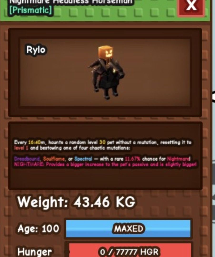 Huge Nightmare Headless Horseman 43.46kg, age 100 | Huge Reaper 4.09kg, age 1 - Grow A Garden ...